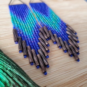 Peacock's Pride Beaded Triangles, Seed Bead Fringe Earrings - Etsy