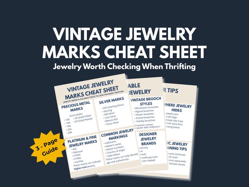 Vintage Jewelry Marks Cheat Sheet, Hallmark Guide, Sterling Silver Gold ...