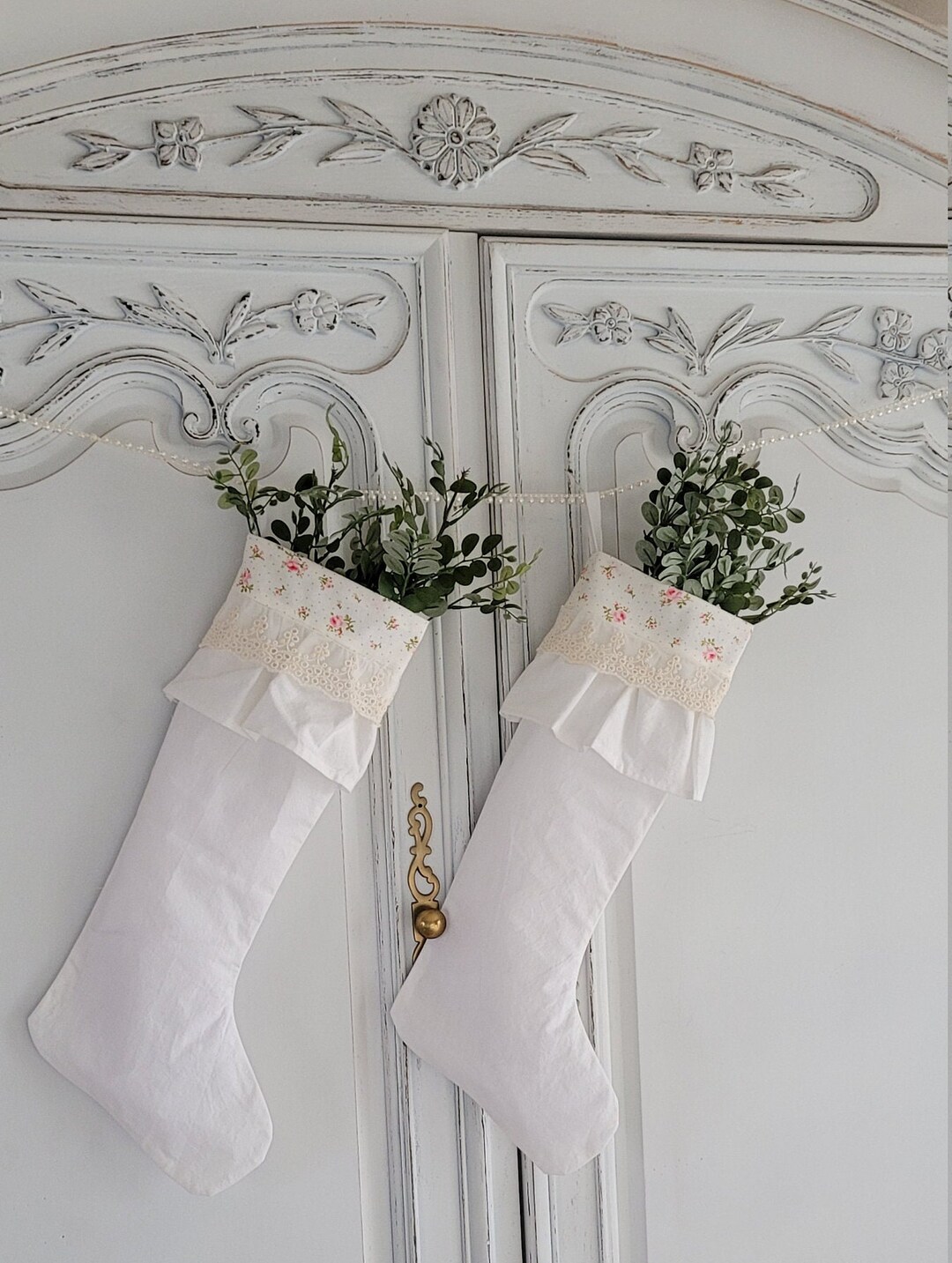 White Ruffled Christmas Stocking Embellished With Floral Fabric and ...