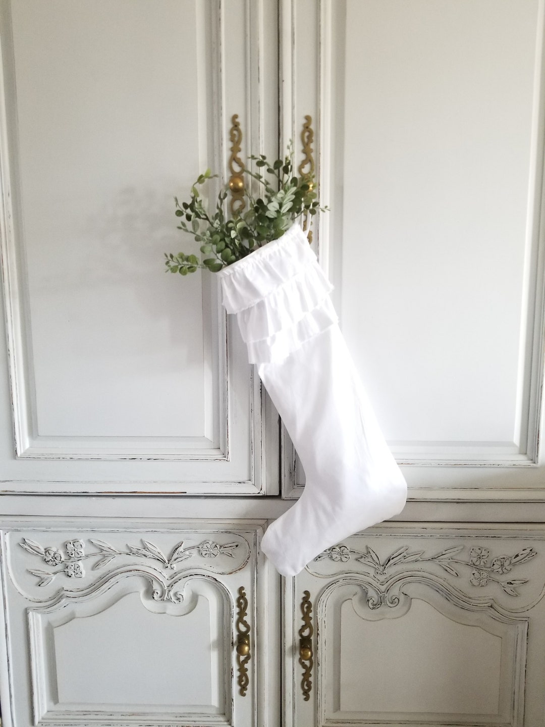 White Ruffled Chic Christmas Stocking French Farmhouse Holiday Stocking ...