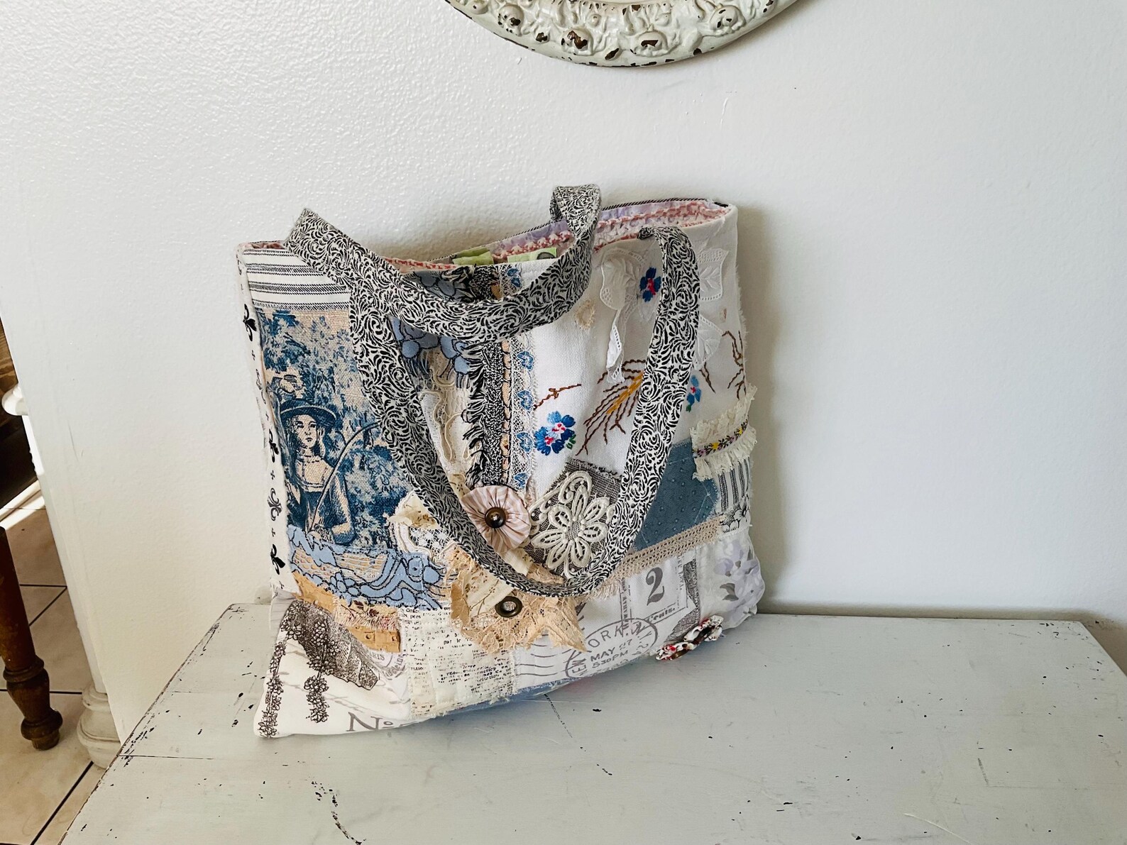 Wearable Art Fabric Collage Tote Bag Boho Chic Artfully Designed Market ...