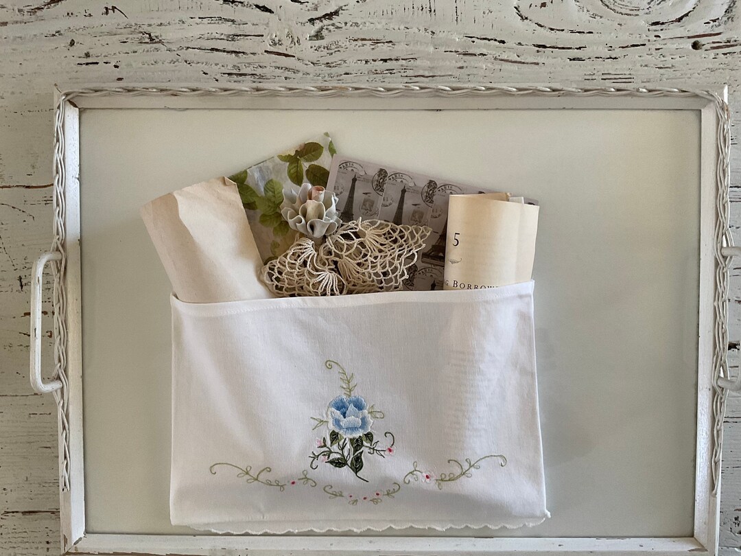 Embroidered Primitive Style Wall-pocket/farmhouse Pouch, Vintage White ...