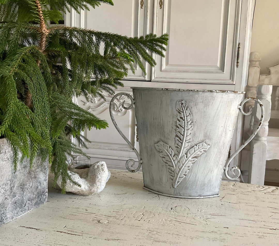 White Rustic Metal Planter-shabby Chic Distressed Planter With Handles ...