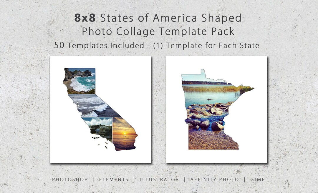 8x8 State Shaped Photo Template Pack, Includes All 50 States, Digital ...