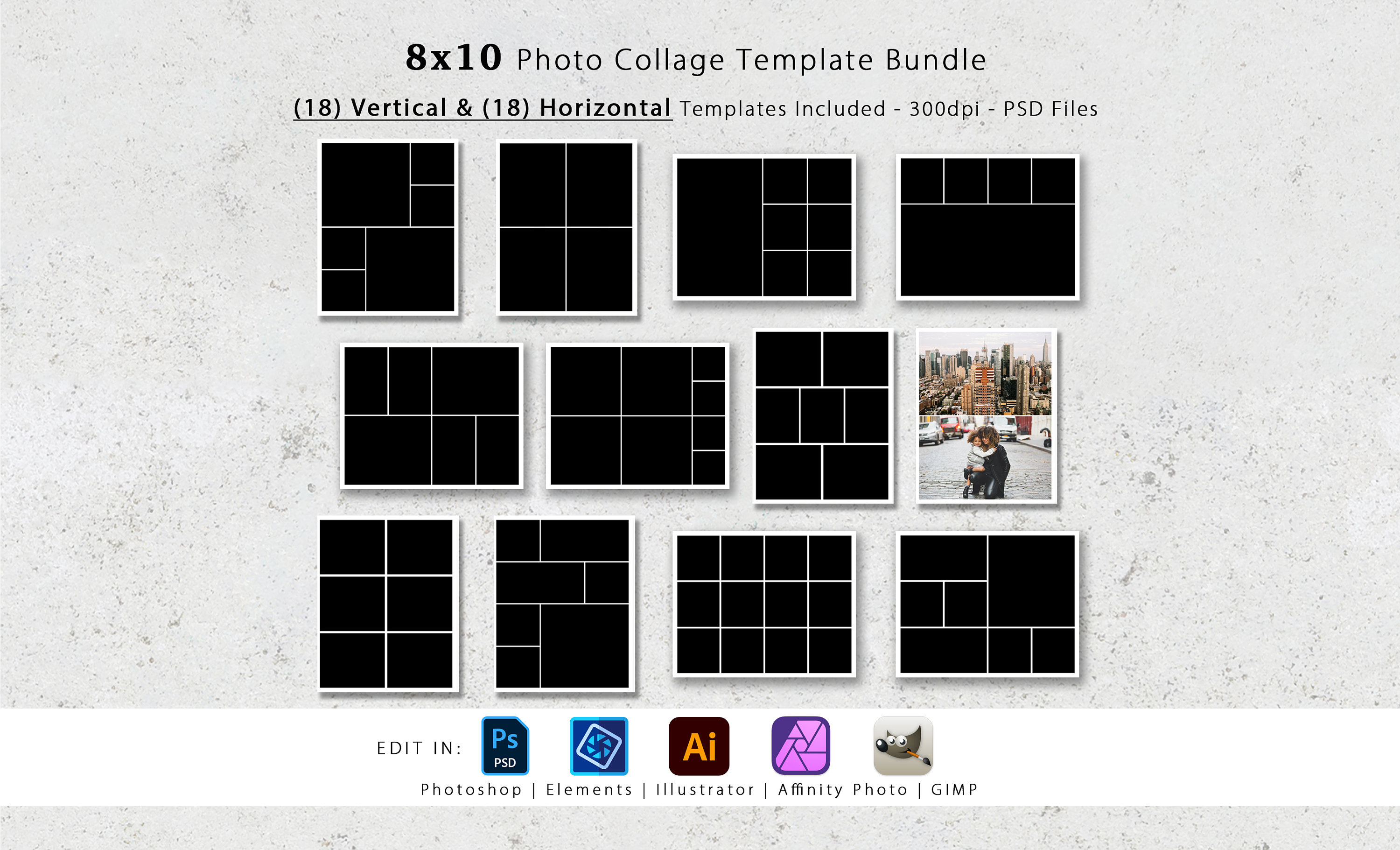 8x10 Photo Collage Template Bundle, 18 Vertical & 18 Horizontal Layouts ...