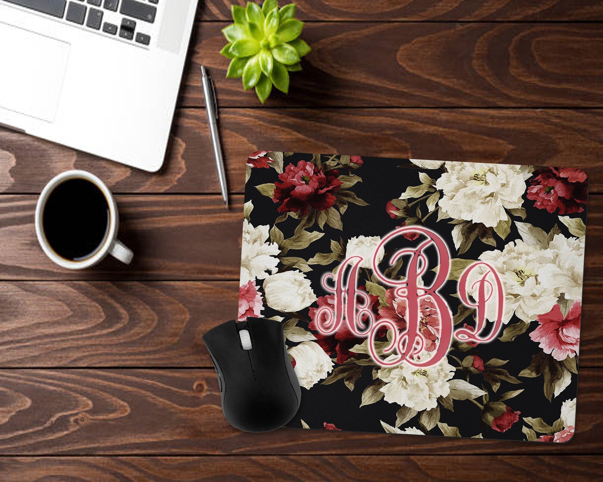 Black Floral Monogram Mouse Pad Mousepads Mouse Pad - Etsy UK