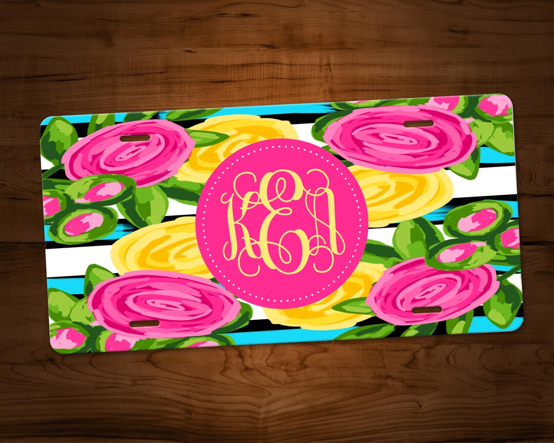 Yellow Pink Floral Preppy License Plate/coaster Sets/plate Frames - Etsy