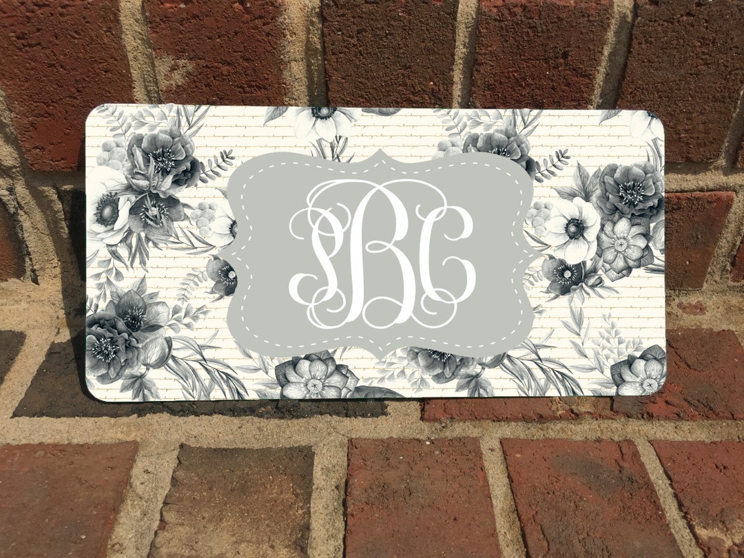 Floral License Plate, Neutral License Plate, Grey Flower License Plate ...