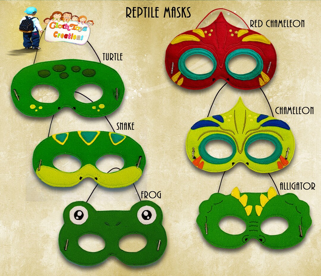 Children's Dress up Mask, Embroidered Felt Mask, Reptile Mask, Animal ...