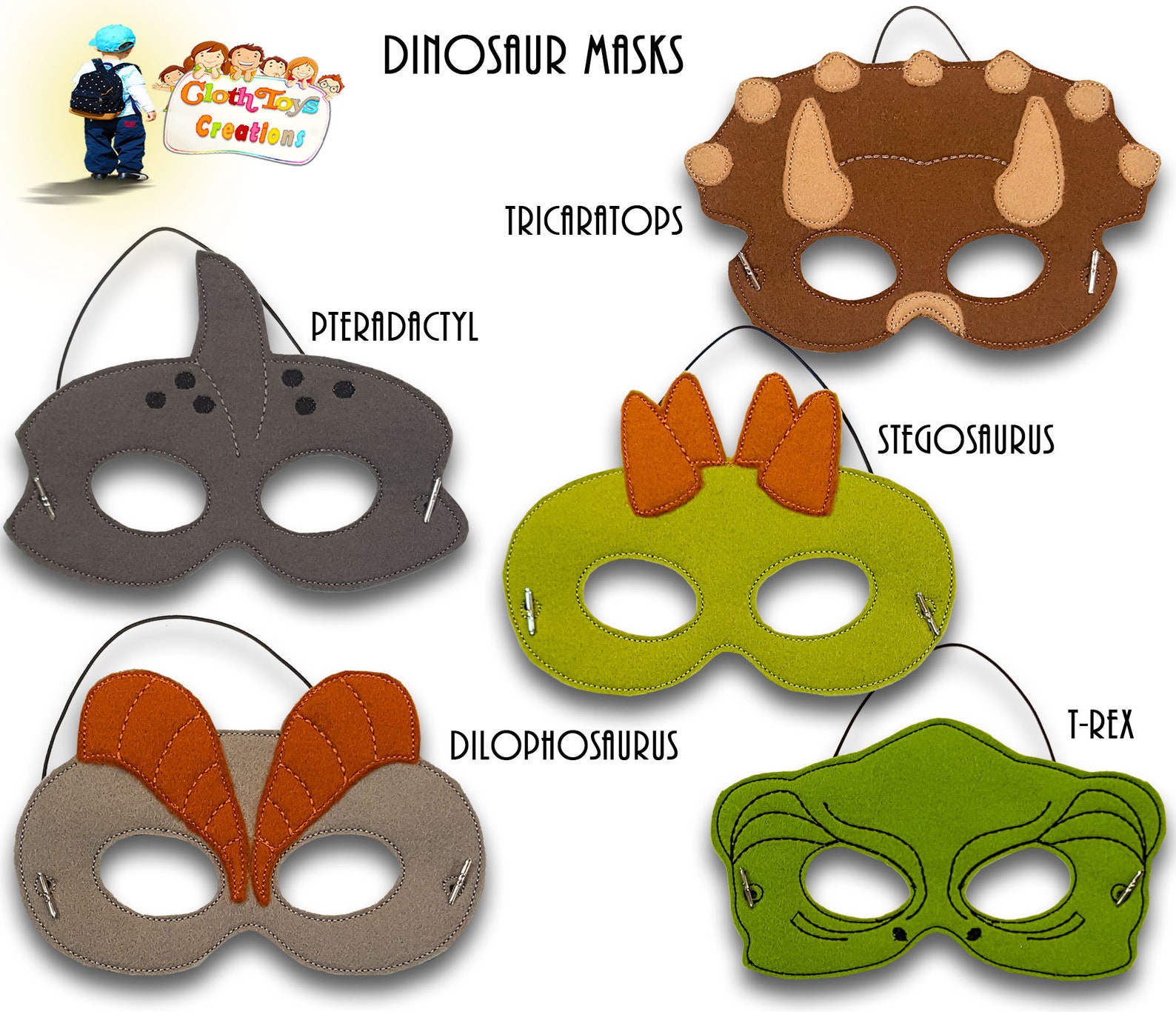 Felt Dinosaur Dress up Masks, T-rex , Children's Masks, Pretend Play ...