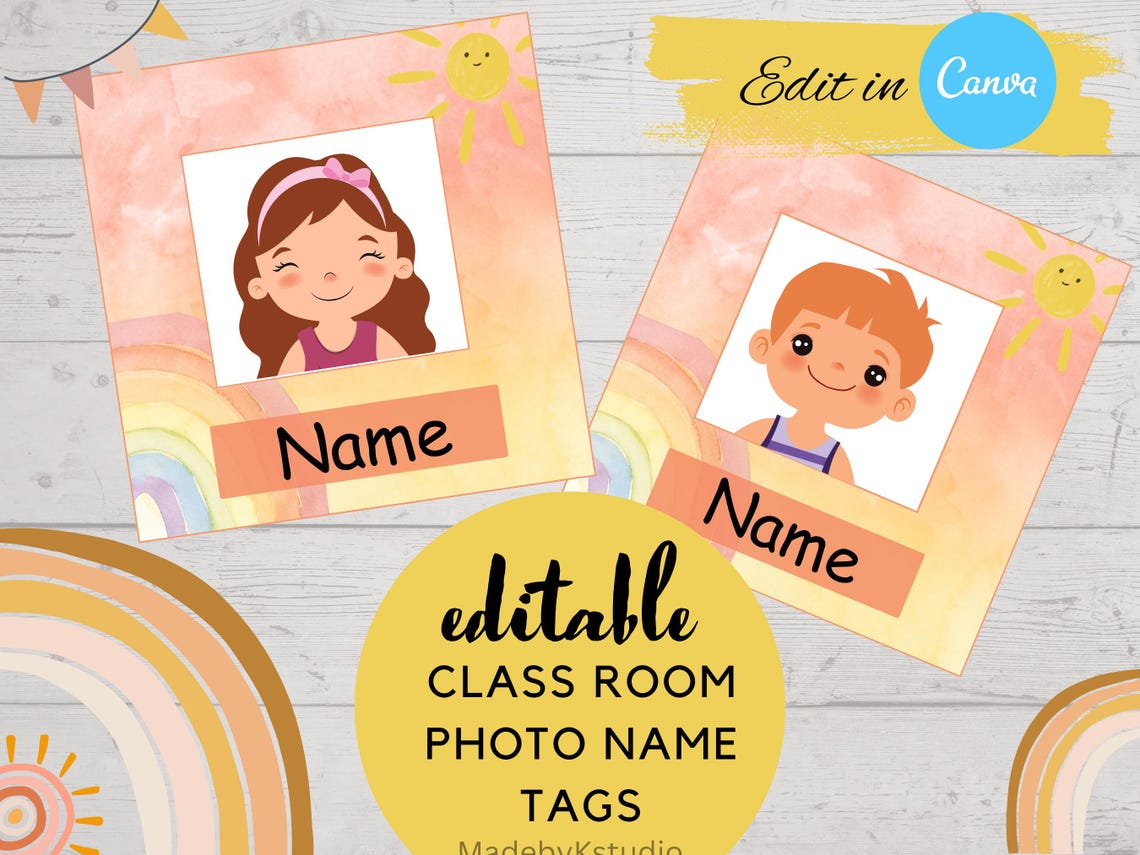Boho Sunshine Classroom Photo Name Tags: Editable Cubby Labels (digital ...