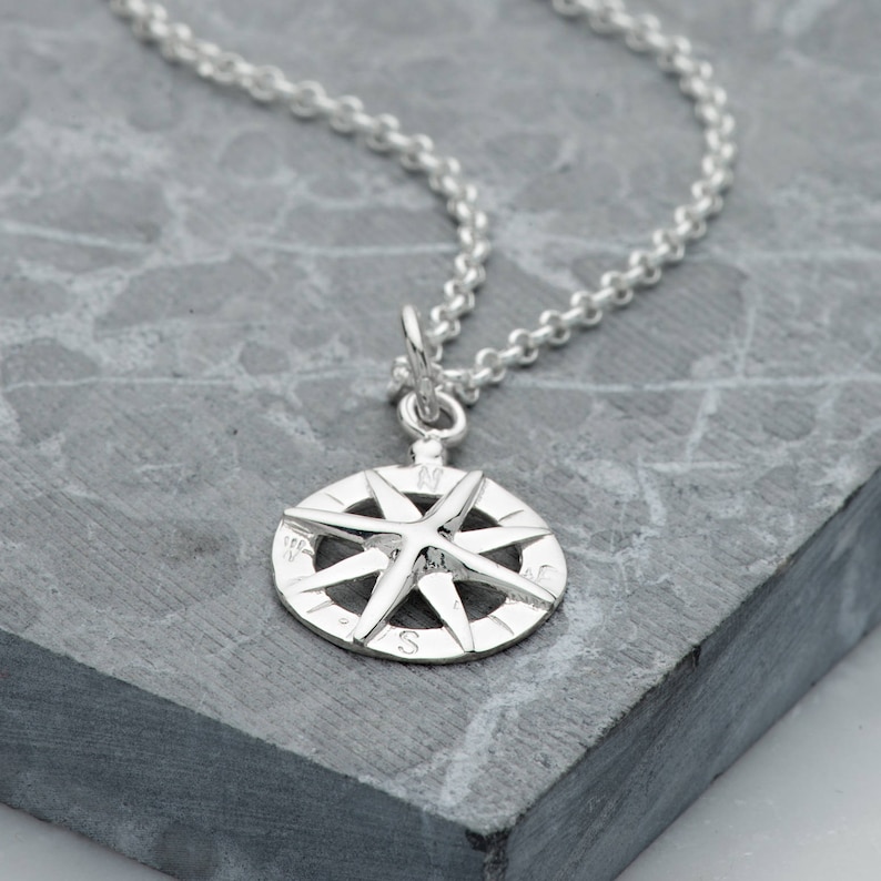 Sterling Silver Compass Charm Necklace Good Luck Gift Happy | Etsy