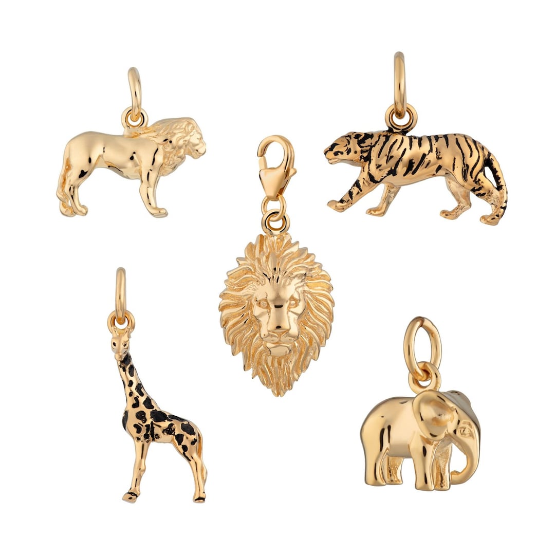 Selection of Gold Animal Charms. Giraffe, Lion, Elephant, Lion Head Leo ...
