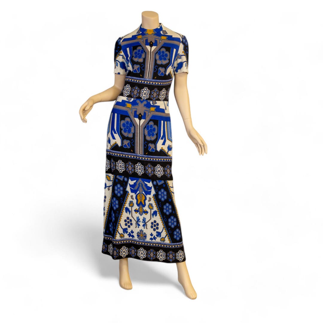 Vintage EIN FINK MODELL 70s Abstract Aztec Geo Print Wool Knit Maxi ...