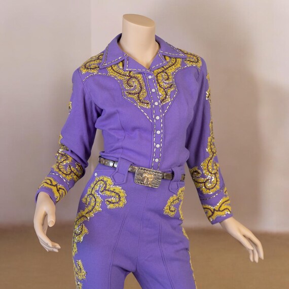 1950s Purple & Yellow Wool Custom Made Rodeo Queen We… - Gem