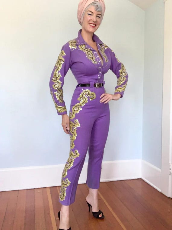 1950s Purple & Yellow Wool Custom Made Rodeo Queen We… - Gem