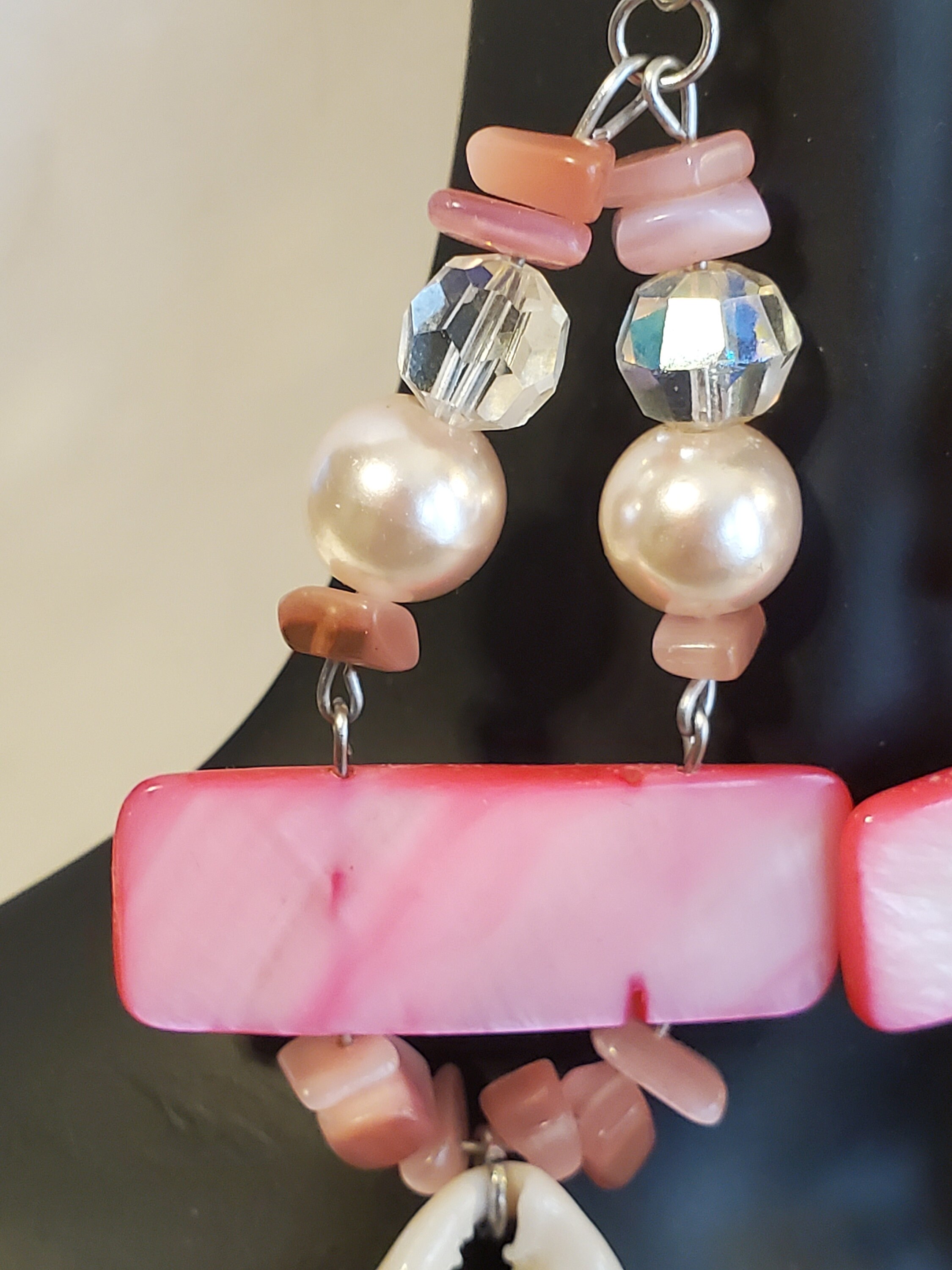 Cowrie Shell Pink Mother of Pearl Shell Pink Faux Pearl Dangle Earrings ...