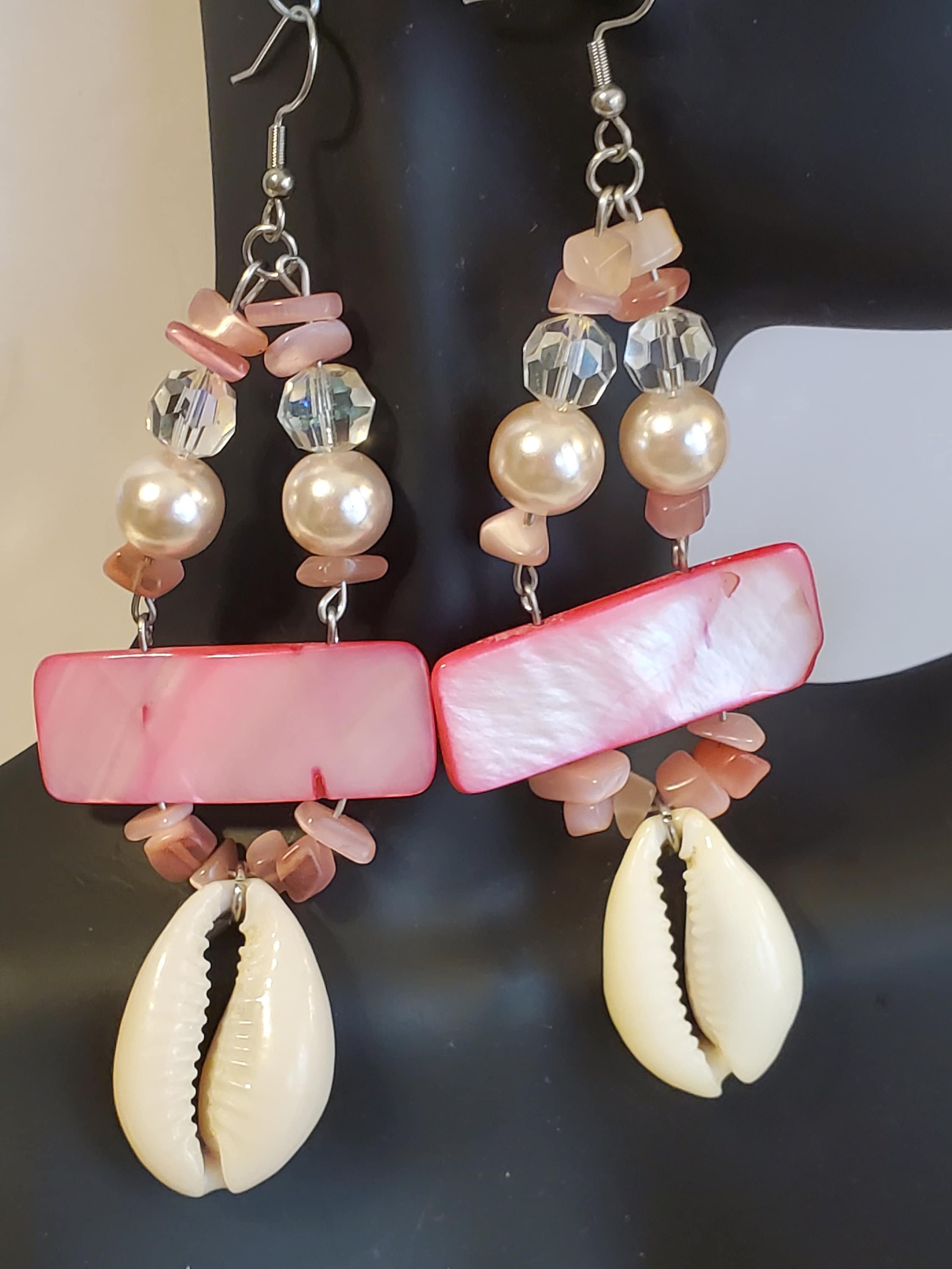 Cowrie Shell Pink Mother of Pearl Shell Pink Faux Pearl Dangle Earrings ...