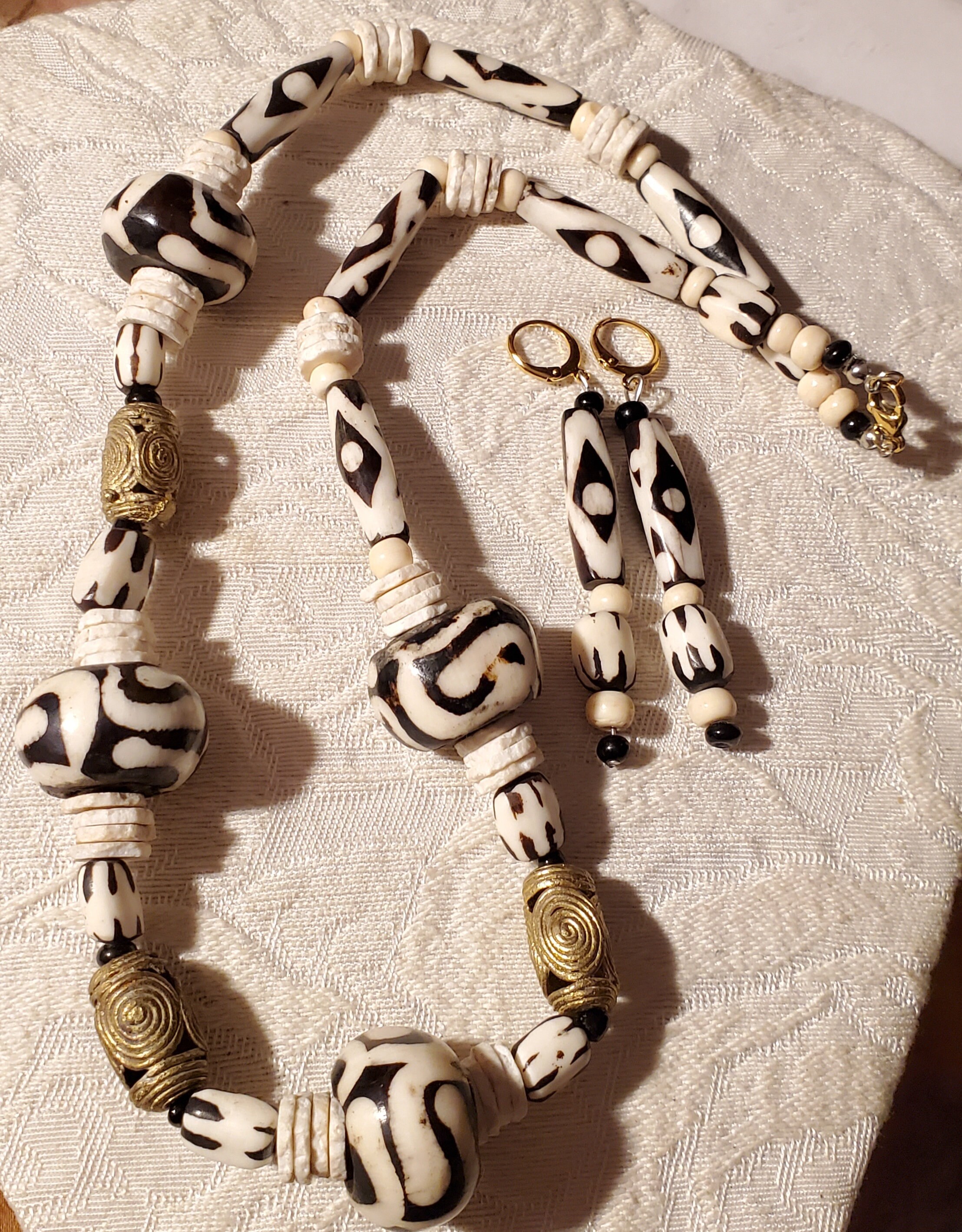 African Batik Bone Brass Filligree Bead Hesihi Bead Necklace - Etsy