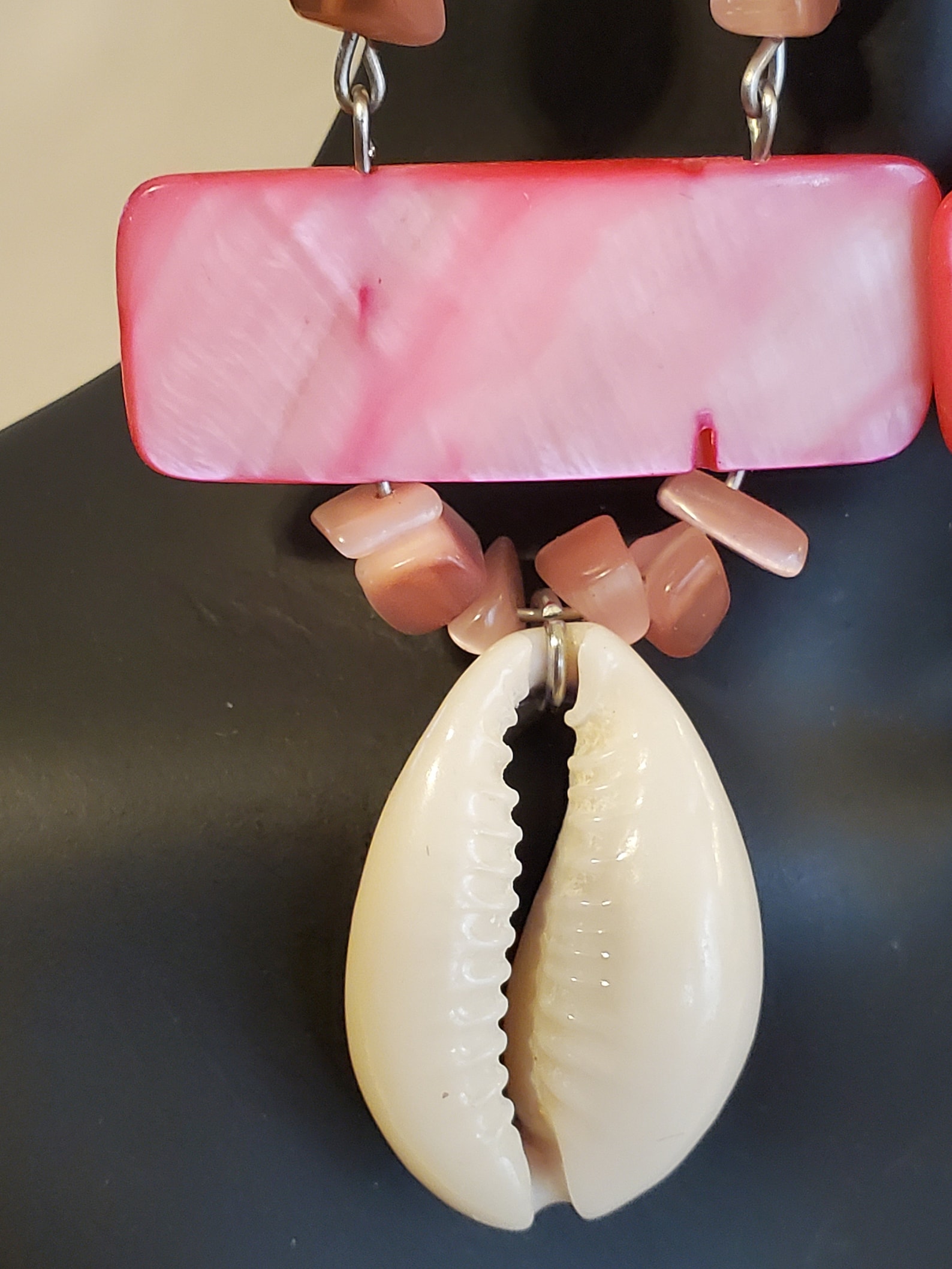 Cowrie Shell Pink Mother of Pearl Shell Pink Faux Pearl Dangle Earrings ...