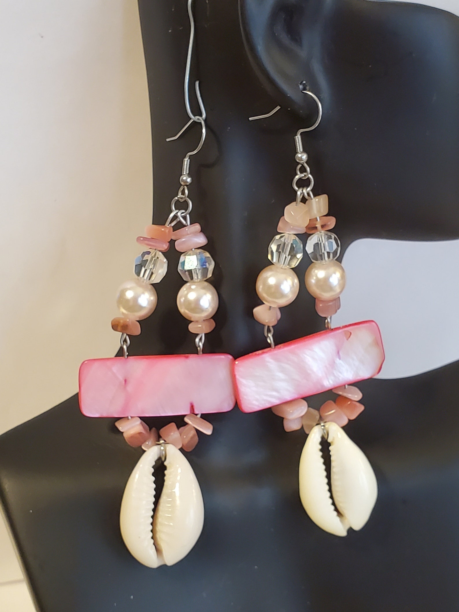 Cowrie Shell Pink Mother of Pearl Shell Pink Faux Pearl Dangle Earrings ...