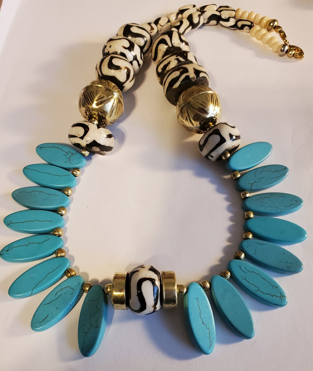African Batik Bone Brass Turquoise Oval Bead Goddess Sekhmet Statement ...