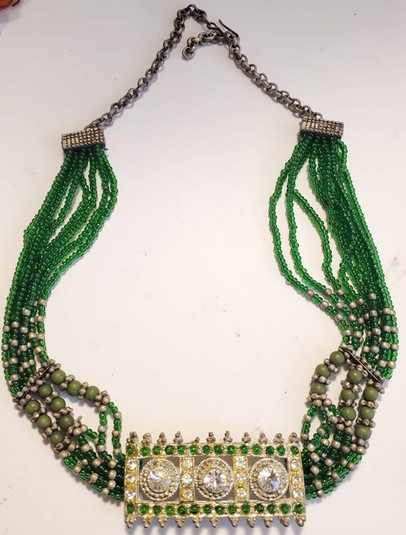 Antique India Jade Rhinestone Pendant Green Glass Cho… - Gem