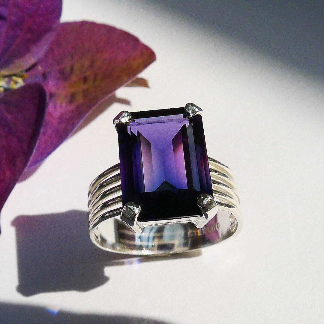 Violet Gemstone Ring, Emerald-cut Purple Faceted Synthetic "ultra ...