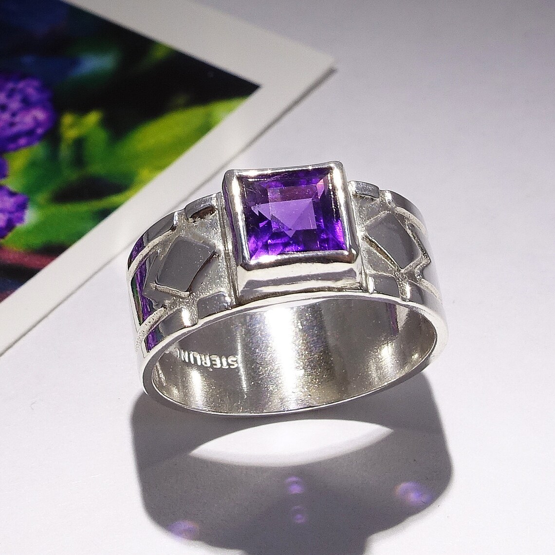 Princess-cut Amethyst Ring. Faceted Square Genuine Gemstone - Etsy