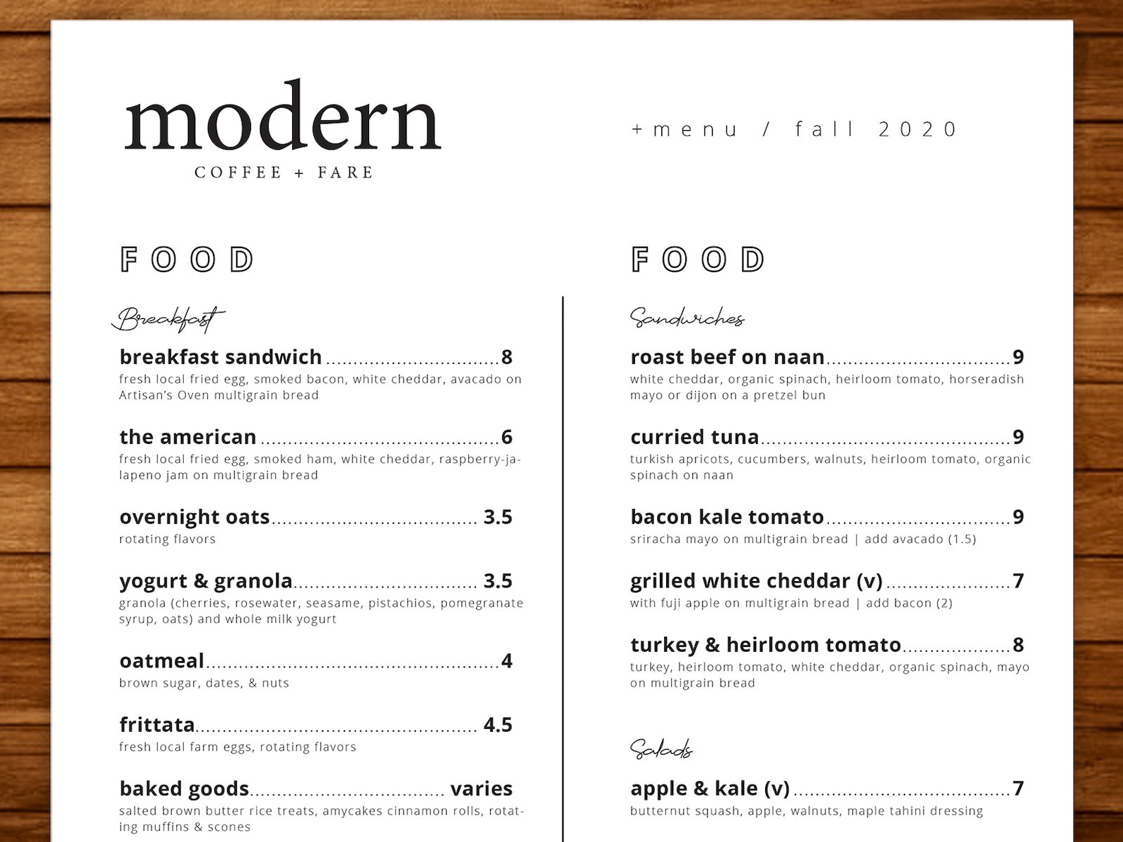 Modern Coffee + Food Menu Indesign Template - Etsy