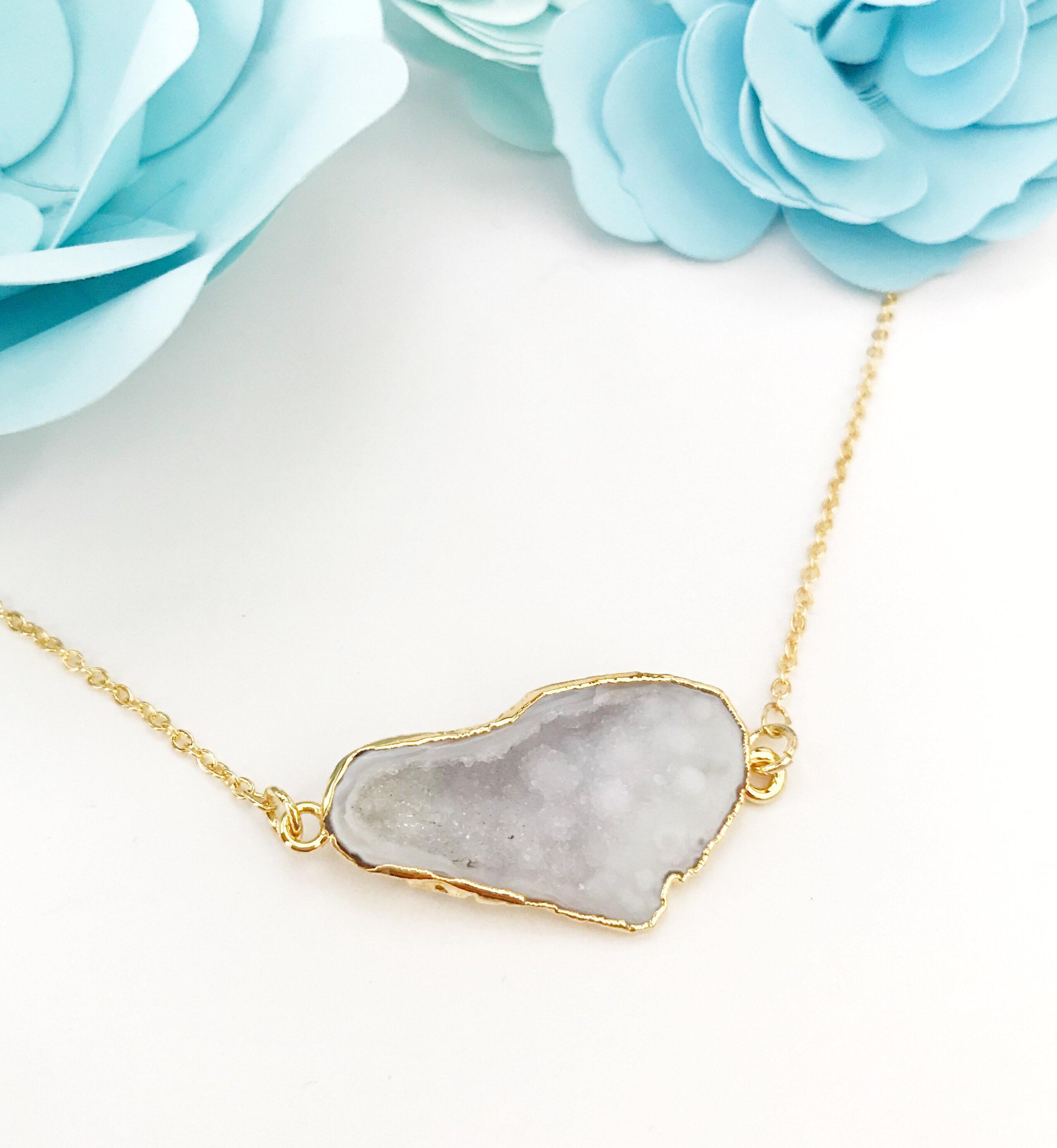 Druzy Geode Crystal Necklace, Raw Gem Jewelry, Rough Cut Geode Pendant ...