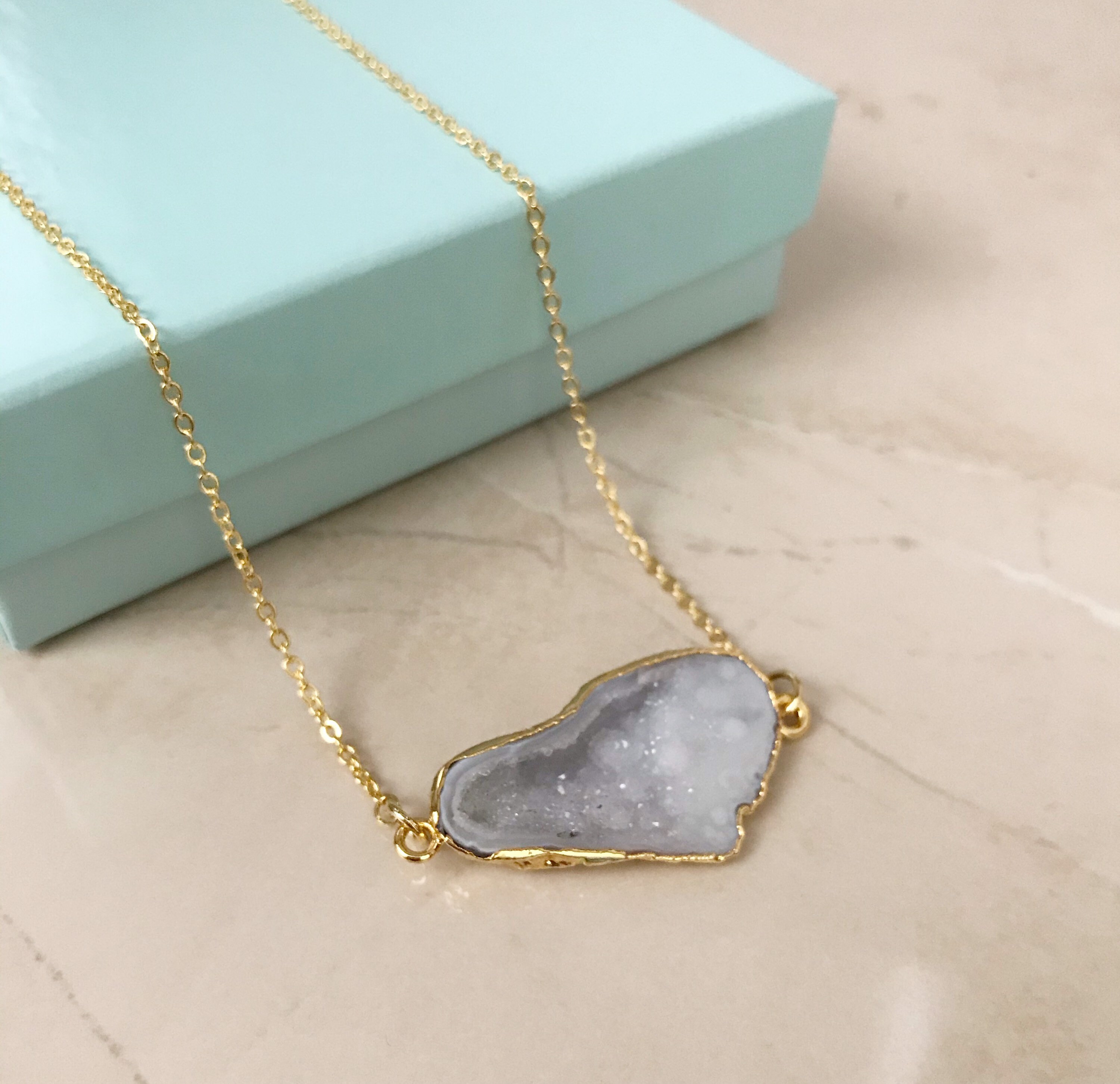 Druzy Geode Crystal Necklace, Raw Gem Jewelry, Rough Cut Geode Pendant ...