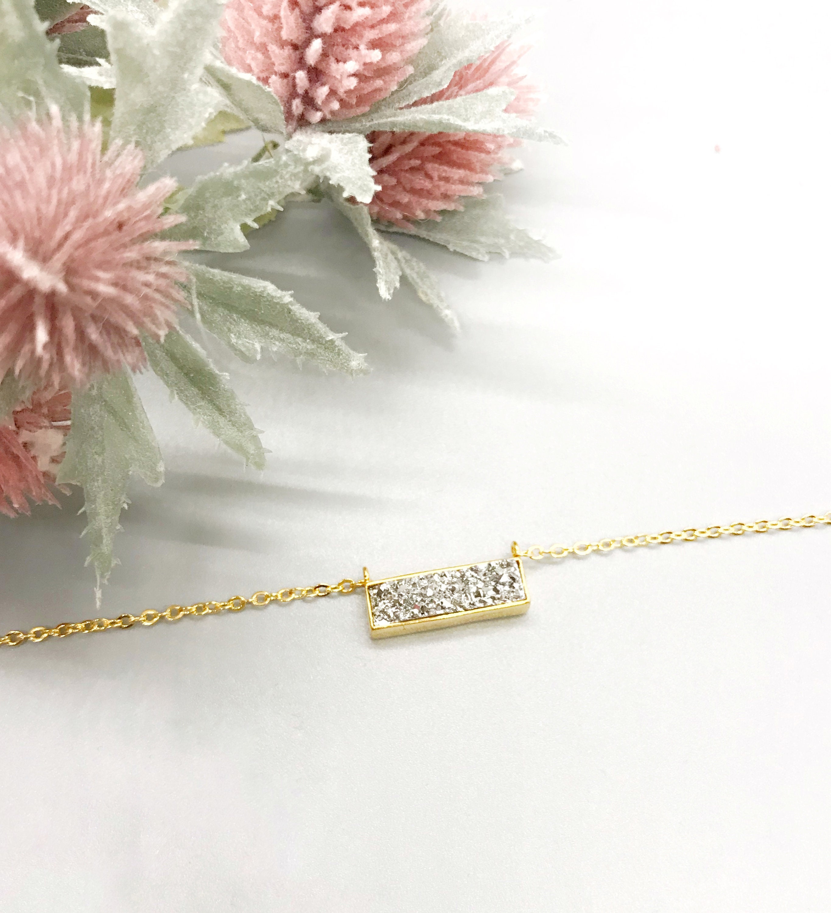 Silver Druzy Bar Necklace, Silver and Gold Necklace, Long Druzy ...