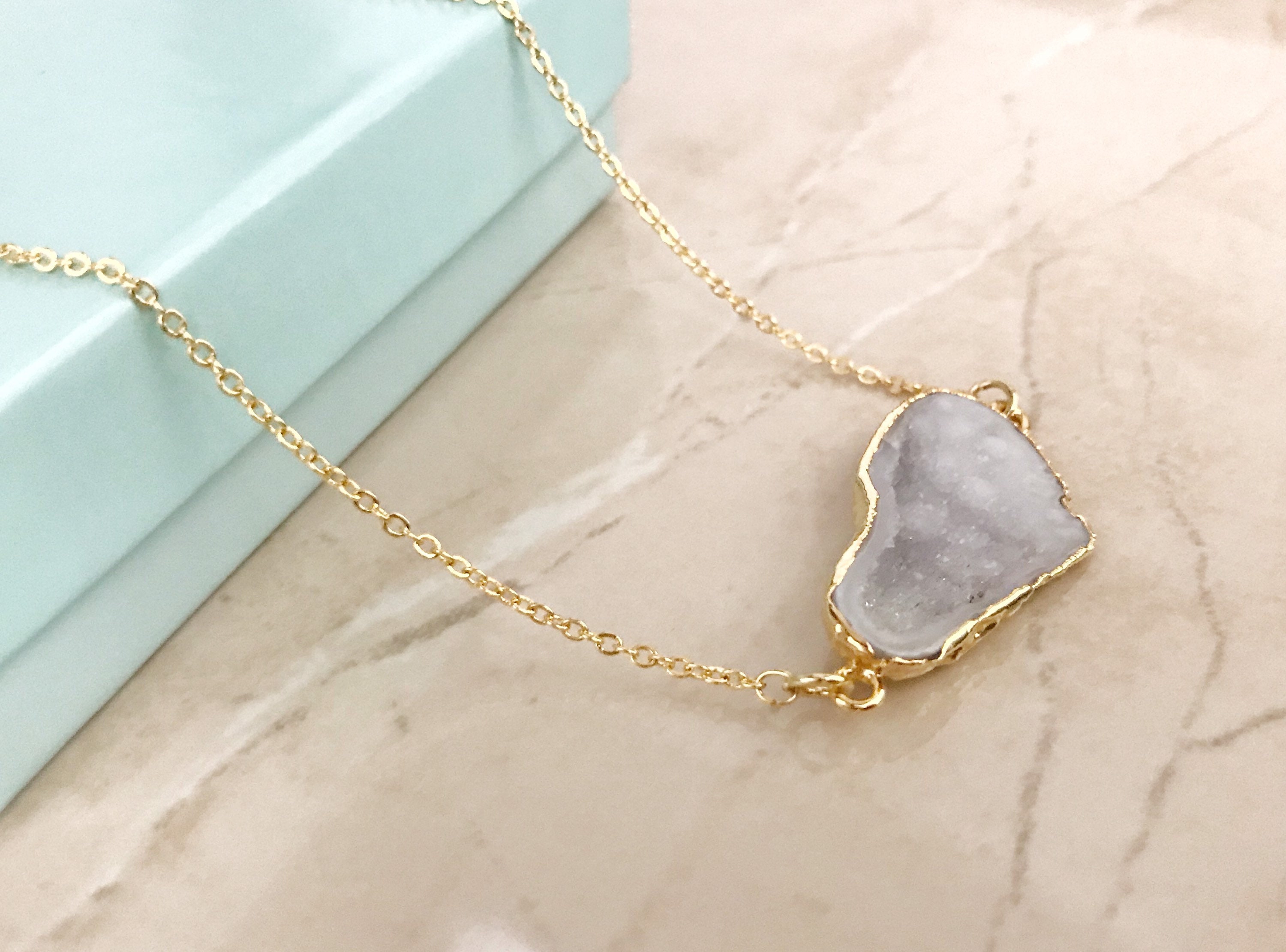 Druzy Geode Crystal Necklace, Raw Gem Jewelry, Rough Cut Geode Pendant ...