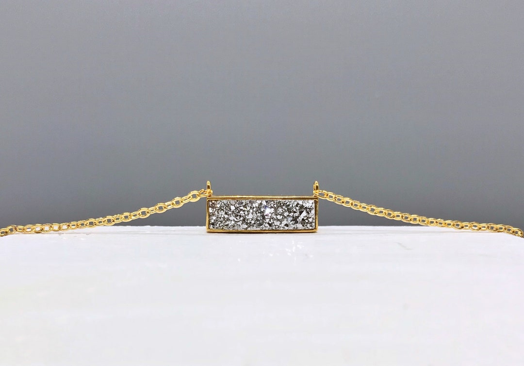 Silver Druzy Bar Necklace, Silver and Gold Necklace, Long Druzy ...