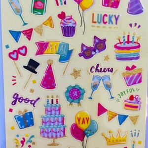 Celebration Stickers - 1 Sheet - Party Plastic Sticker - Glitter ...