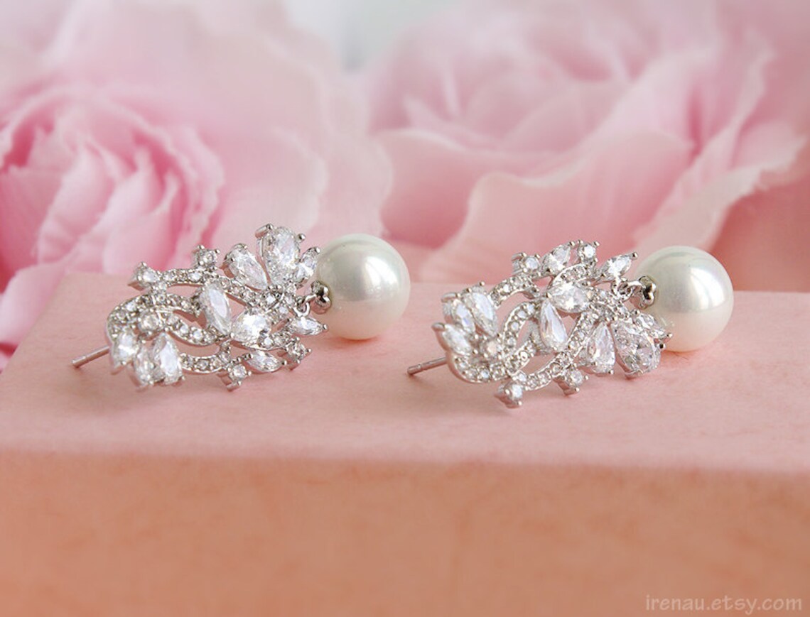 Crystal bridal pearl earrings Wedding dangle CZ Cubic Zirconia | Etsy