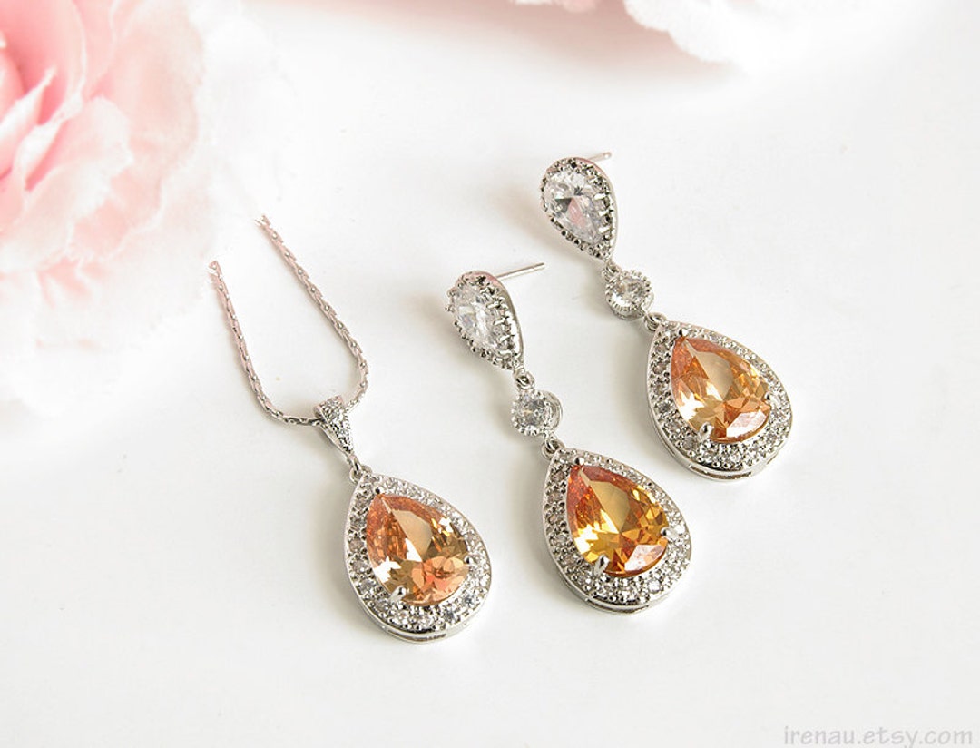 Champagne Bridal Jewelry Set Peach Earrings and Necklace Wedding ...