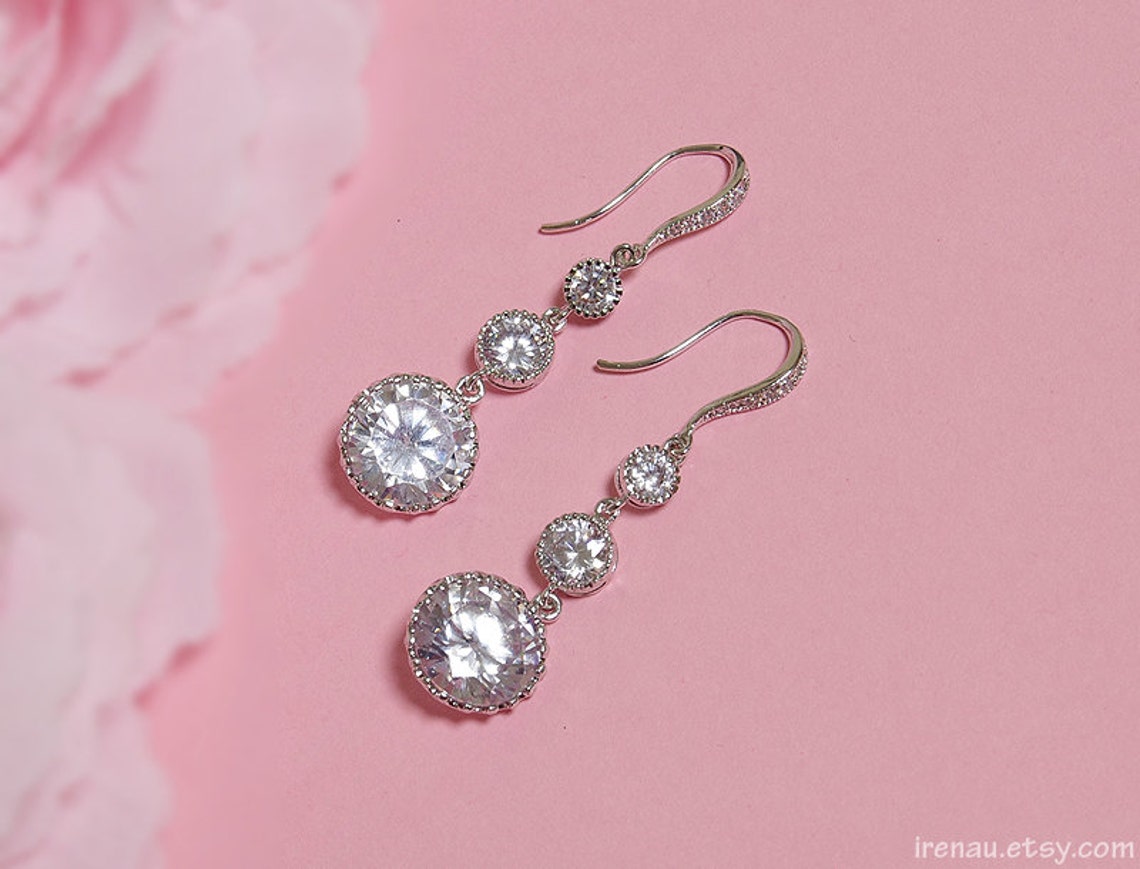 Crystal Bridal Earrings Clear Drop Diamond Cut Earrings Round - Etsy