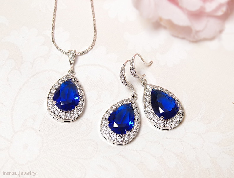 Sapphire Jewelry Set, Blue Sapphire Necklace and Earrings Set, Blue ...