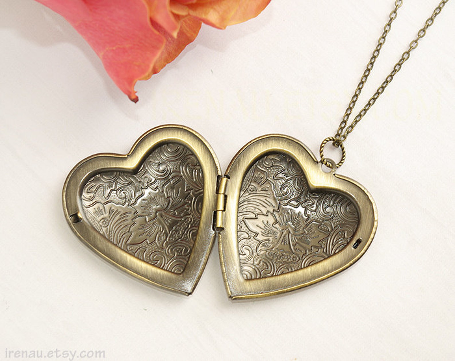 Large Heart Locket Necklace Brass Floral Photo Locket Brass | Etsy