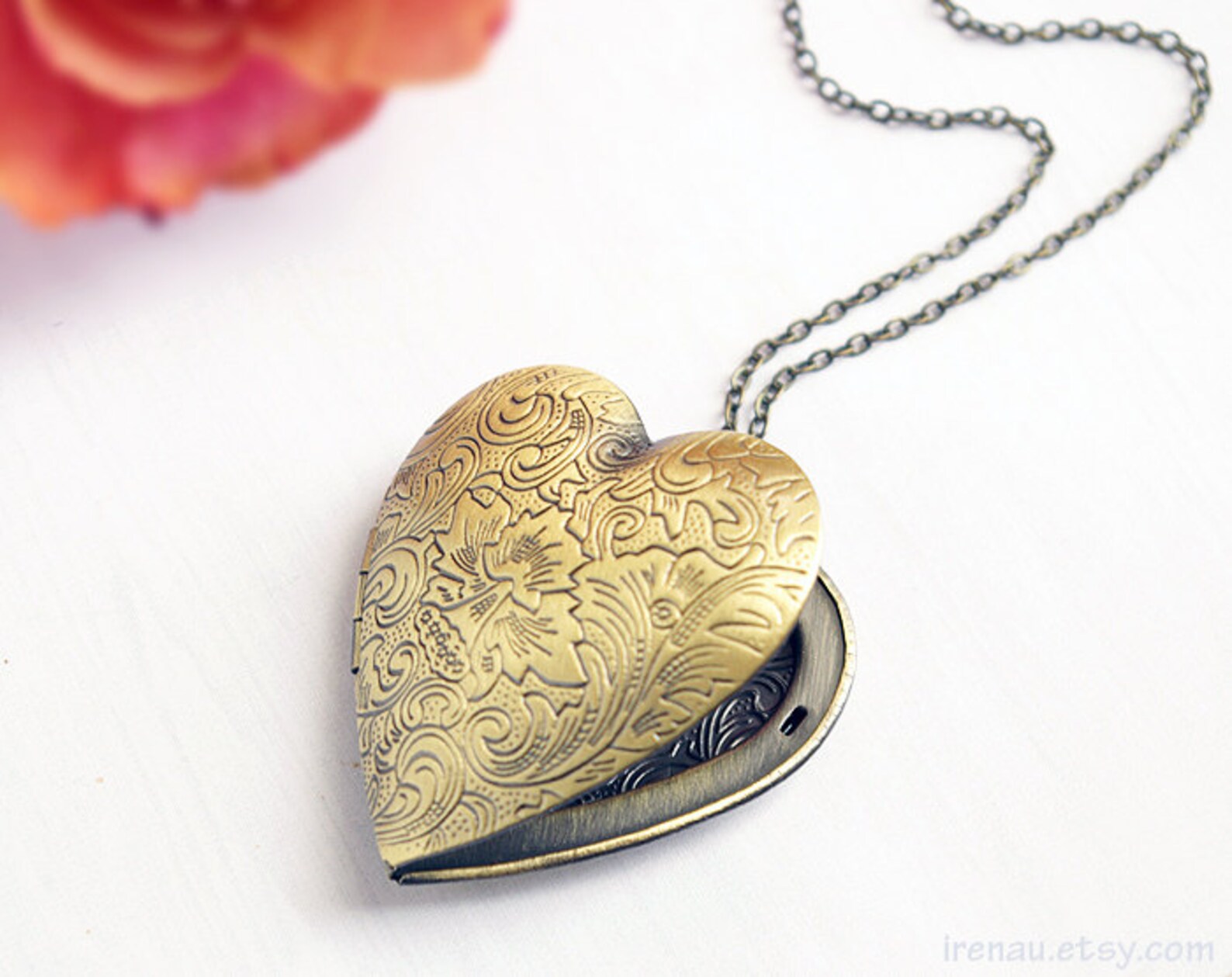 Large Heart Locket Necklace Brass Floral Photo Locket Brass - Etsy