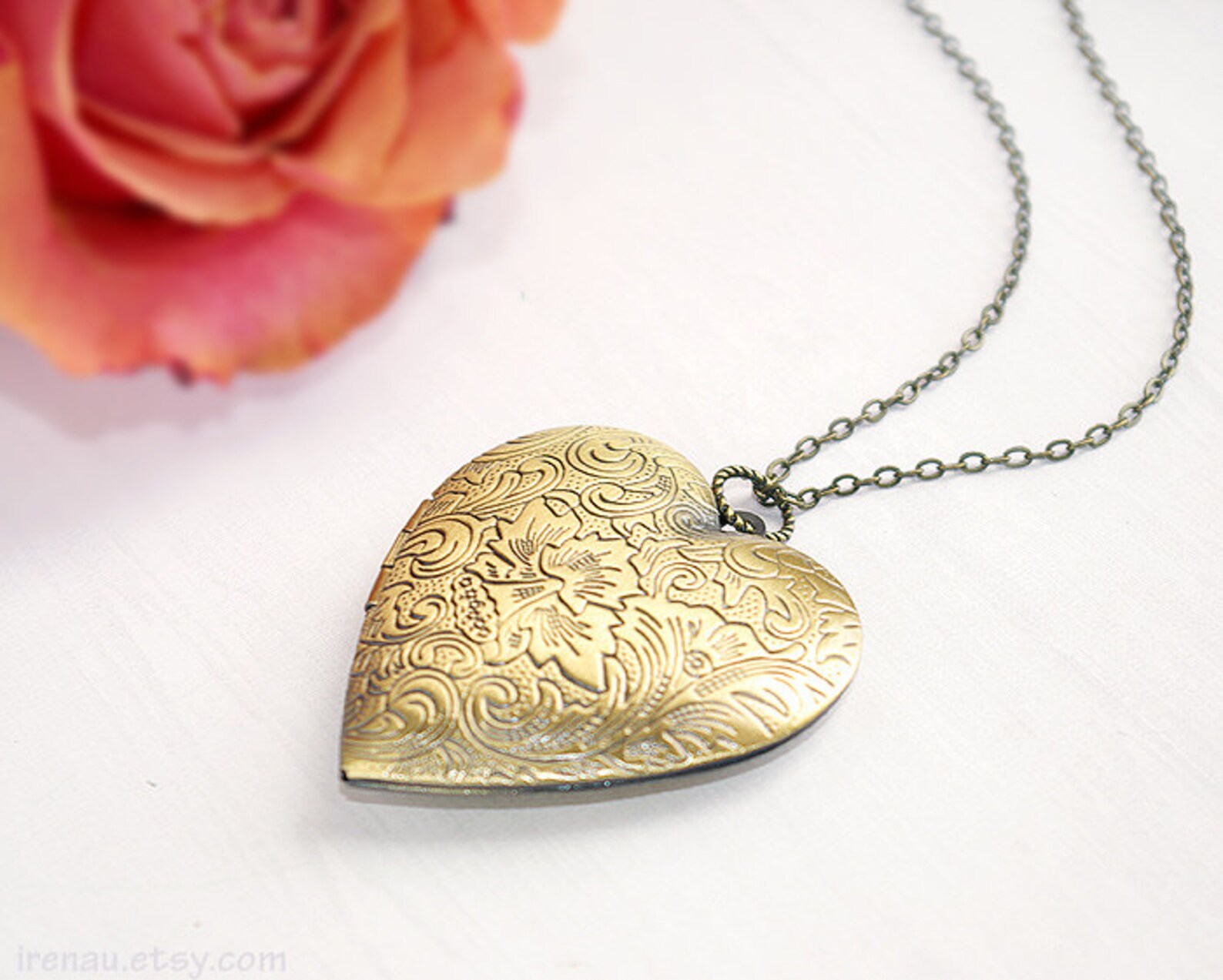 Large Heart Locket Necklace Brass Floral Photo Locket Brass - Etsy