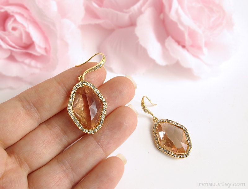 Luxury Peach Bridal Earrings, Champagne Light Peach Wedding Earrings ...