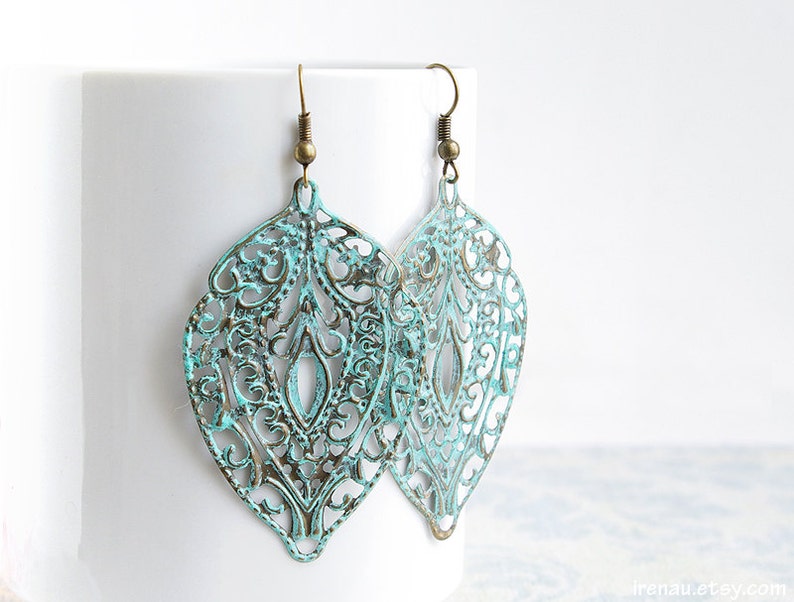 Big Aqua Blue Dangle Earrings, Long Blue Patina Leaf Earrings, Metal ...