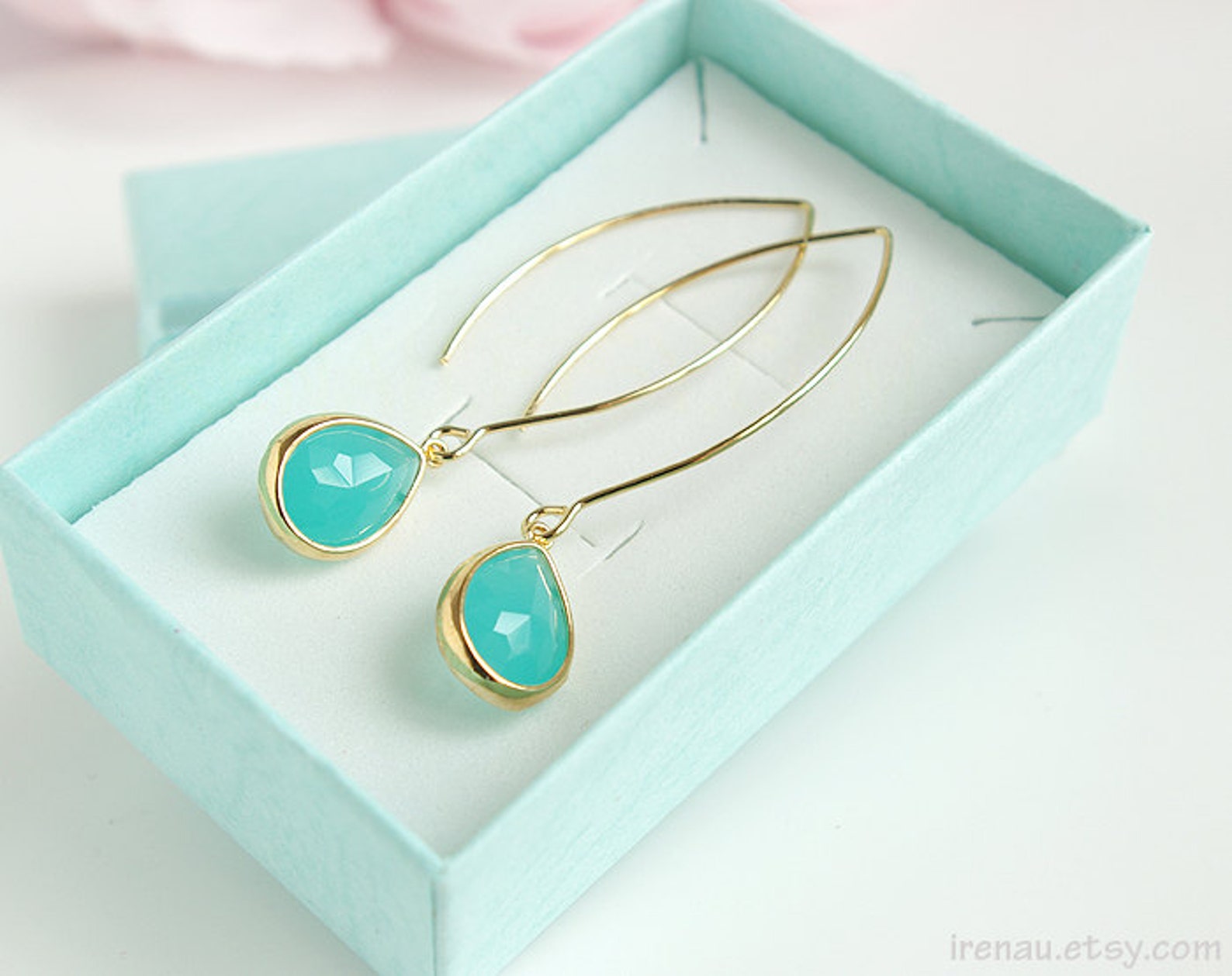 Mint Blue Drop Earrings, Gold Mint Teardrop Earrings, Mint Long Dangle ...