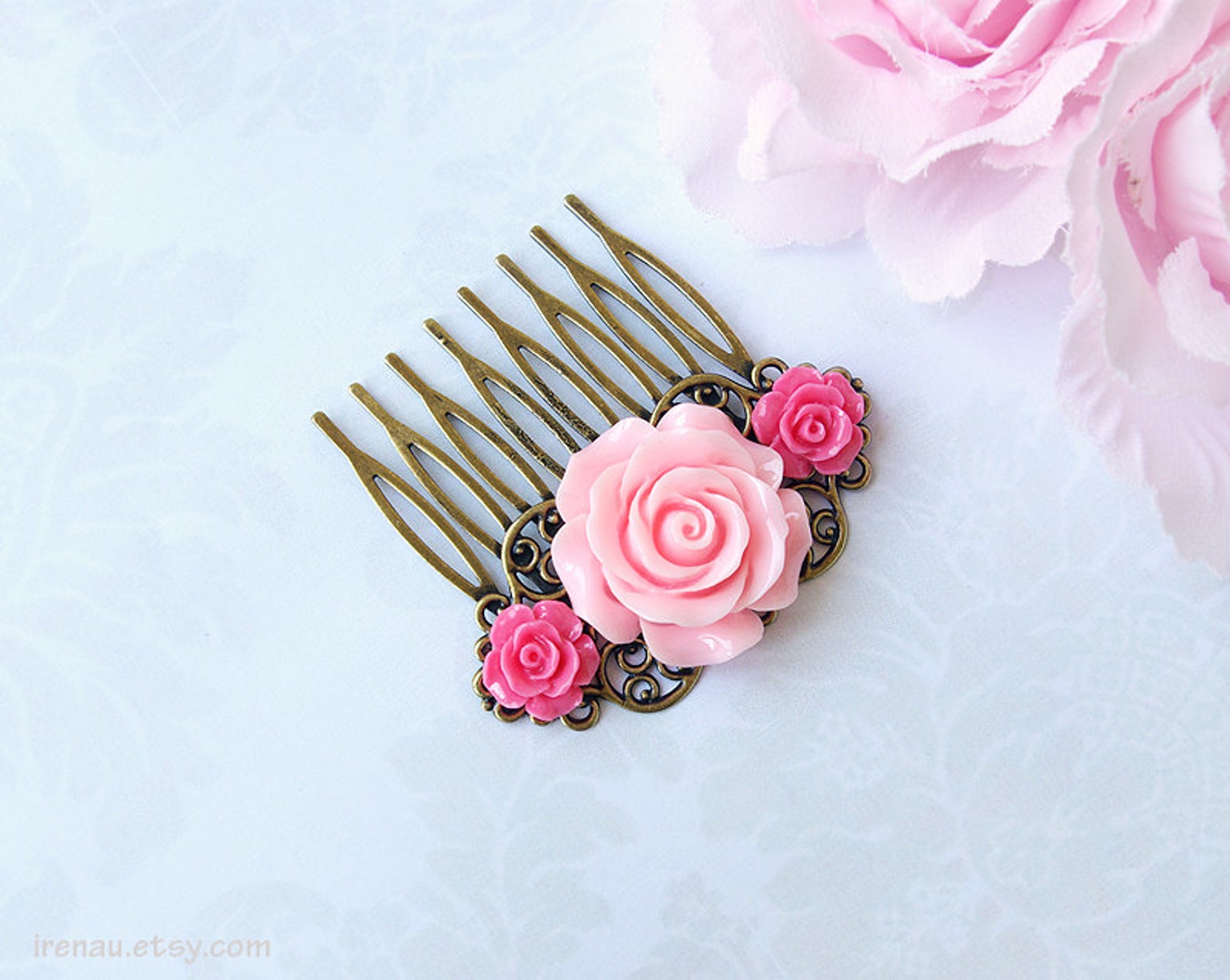 Pink Hair Comb Rose Flower Fuchsia Floral Filigree Comb | Etsy