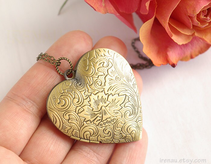 Large Heart Locket Necklace Brass Floral Photo Locket Brass | Etsy
