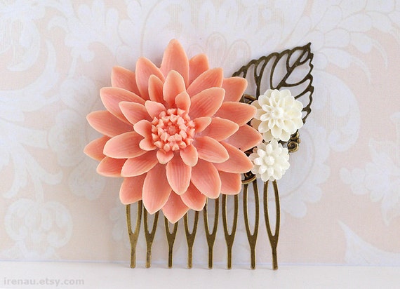 Peach Hair Comb Large Chrysanthemum Flower Hair Comb Bridal - Etsy