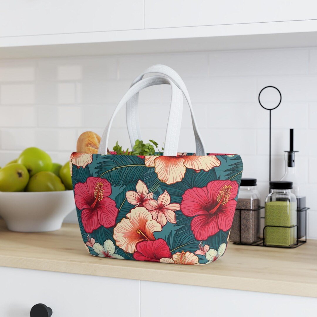 Hawaiian Hibiscus Lunch Bag for Beach Lovers, Hawaiian Print Insulated ...